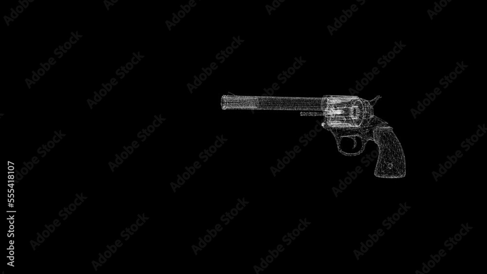 3D pistol revolver consisting of many particles shoots a bullet ...