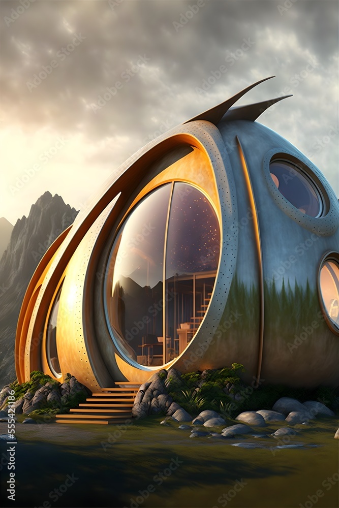 This is an illustration of a futuristic house, with a rounded shape and ...