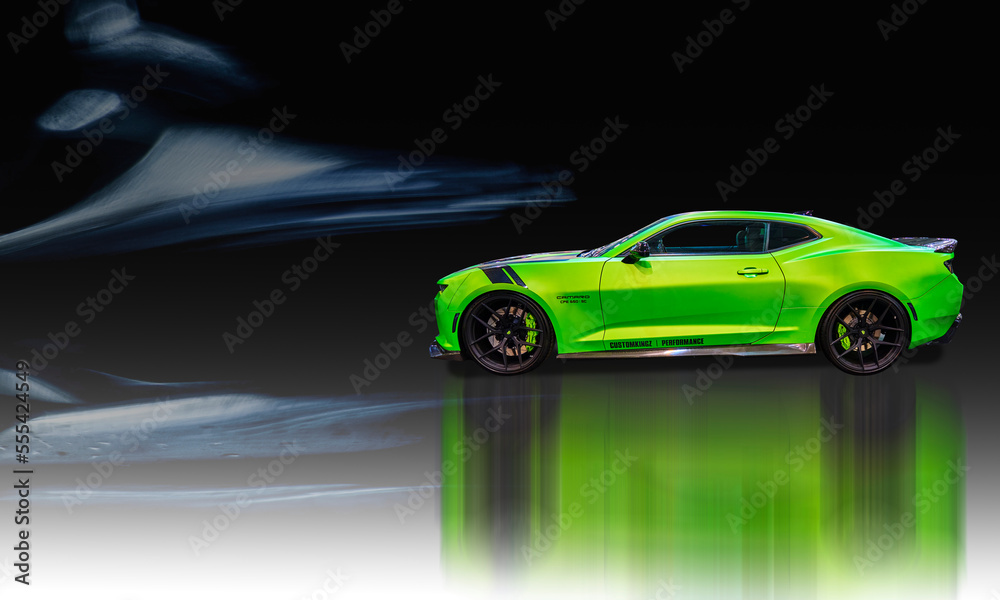 Chevrolet Camaro sports car from America in neon green color side view ...