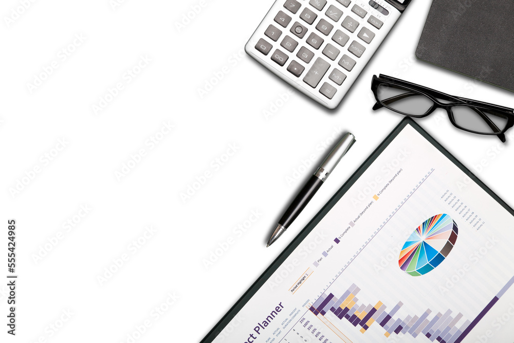 Office analysis chart or graph, pen, eyeglass and calculator. Working ...