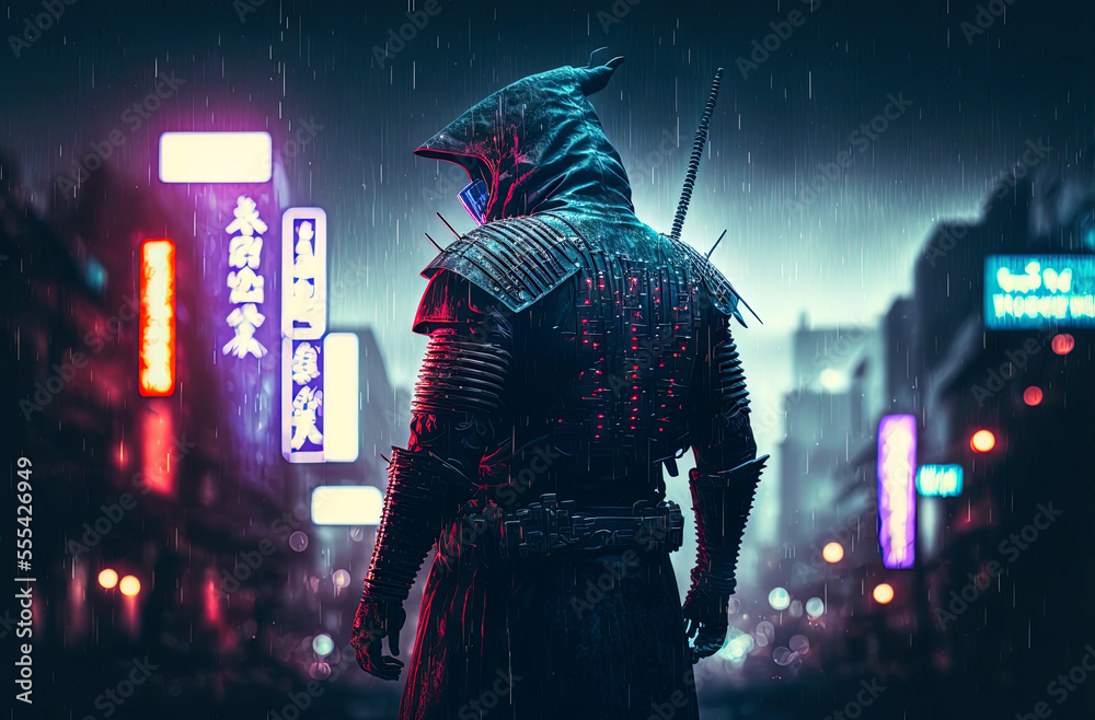 Looking samurai and street with blurred neon lights at night on ...