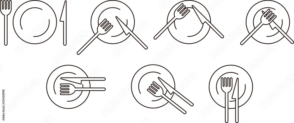 Table manners icon. Position of forks and knives before, during, and ...