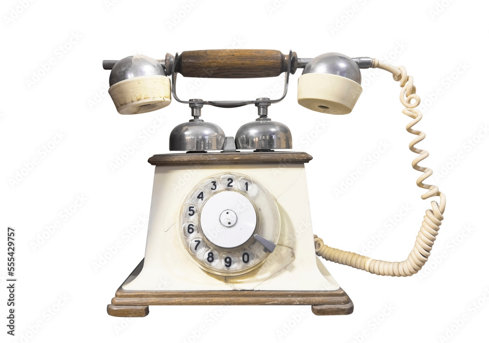 Antique telephone with metallic handset isolated on white background ...