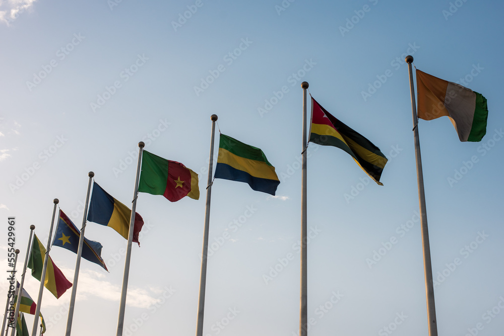 Flags of different shades representing various countries aligned in the ...