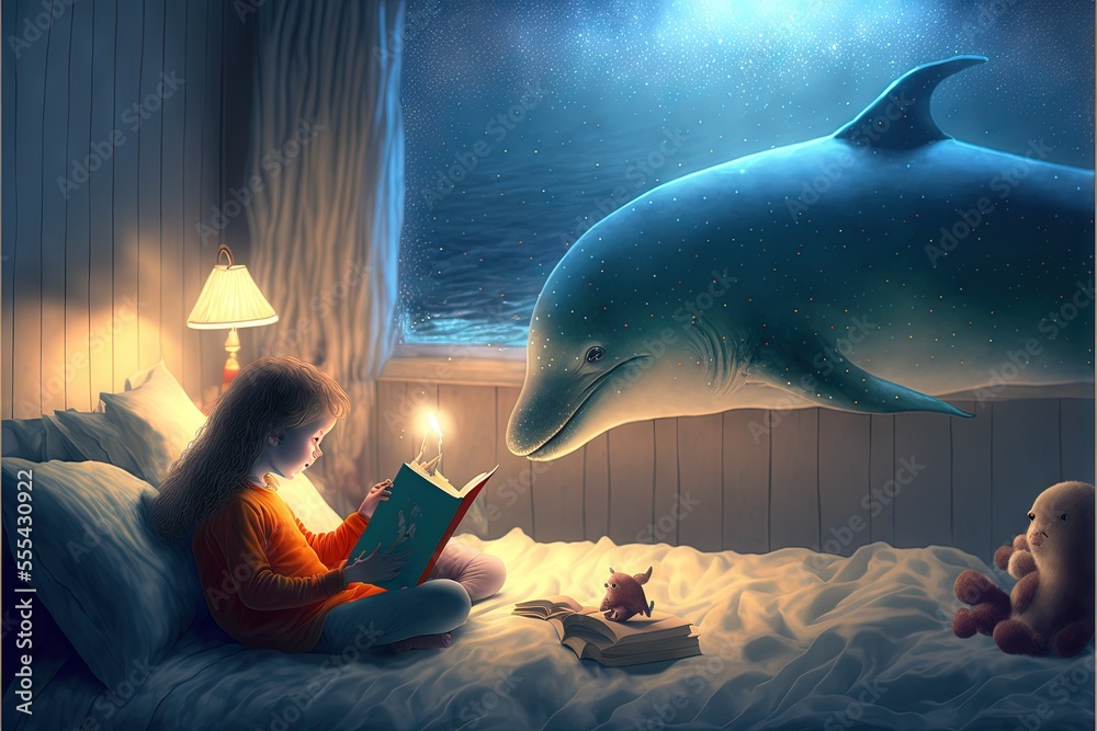 Cute dolphin Reading Book, in children bed during christmas eve night ...