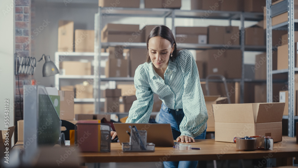 Warehouse Female Inventory Manager Using Laptop Computer, Preparing a ...