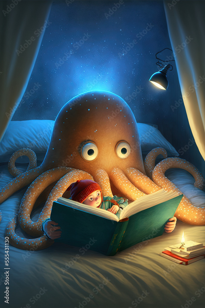 Cute Octopus Reading Book, in children bed during christmas eve night ...