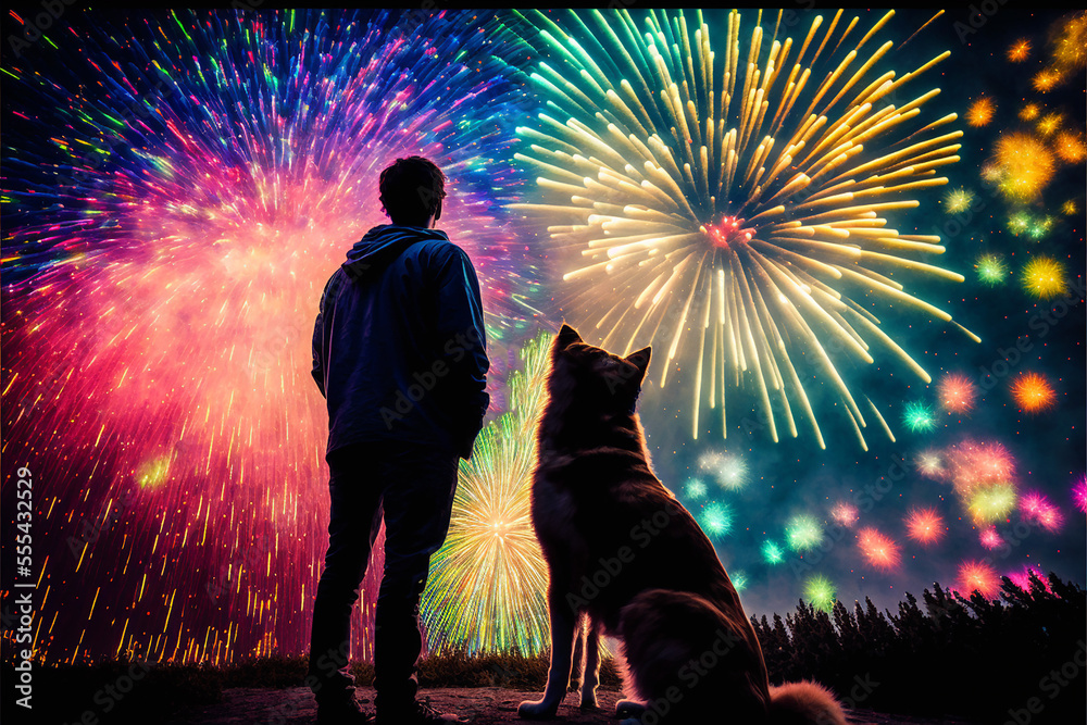 portrait of Fireworks and Furry Friend, man and his dog gazing at the ...