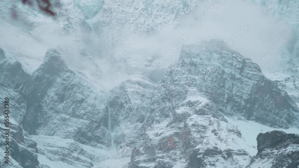 Frozen waterfall on the Himalayan mountains during the winter season at ...