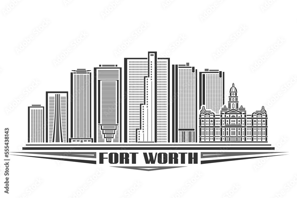 Vector illustration of Fort Worth, monochrome horizontal sign with ...