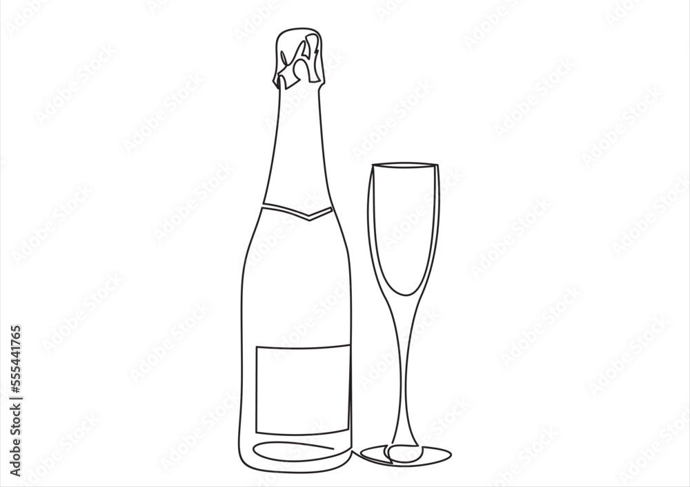 Continuous line drawing Champagne with a glass. Stock Vector | Adobe Stock