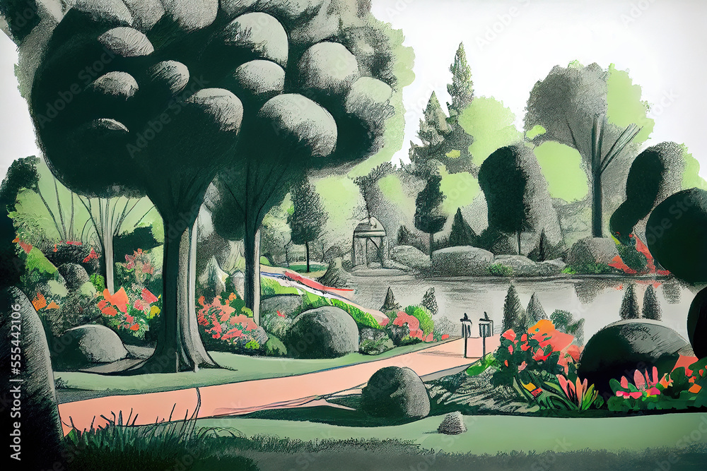 The illustration of the green park depicts a lush and verdant landscape ...