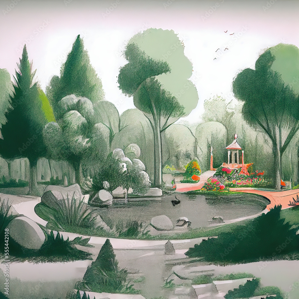 The illustration of the green park depicts a lush and verdant landscape ...