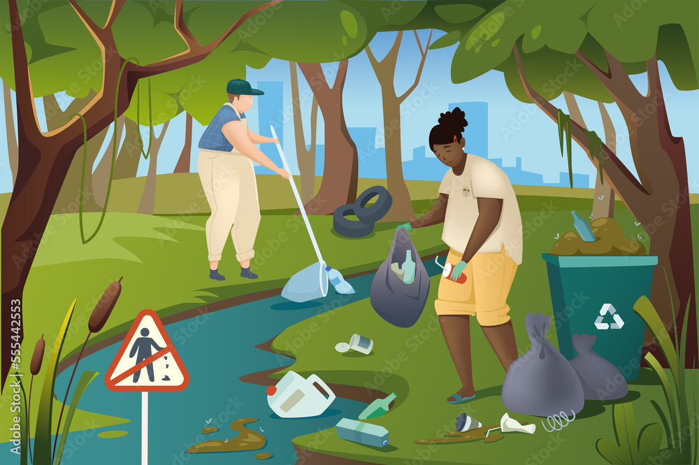 People collecting garbage in forest concept in flat cartoon design. Men ...
