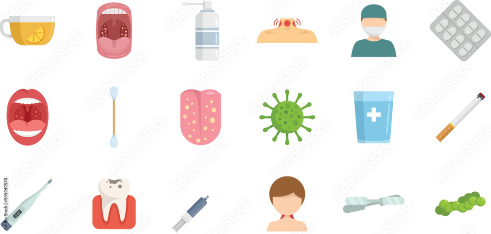 Tonsillitis icons set flat vector. Tonsil anatomy. Mouth throat ...