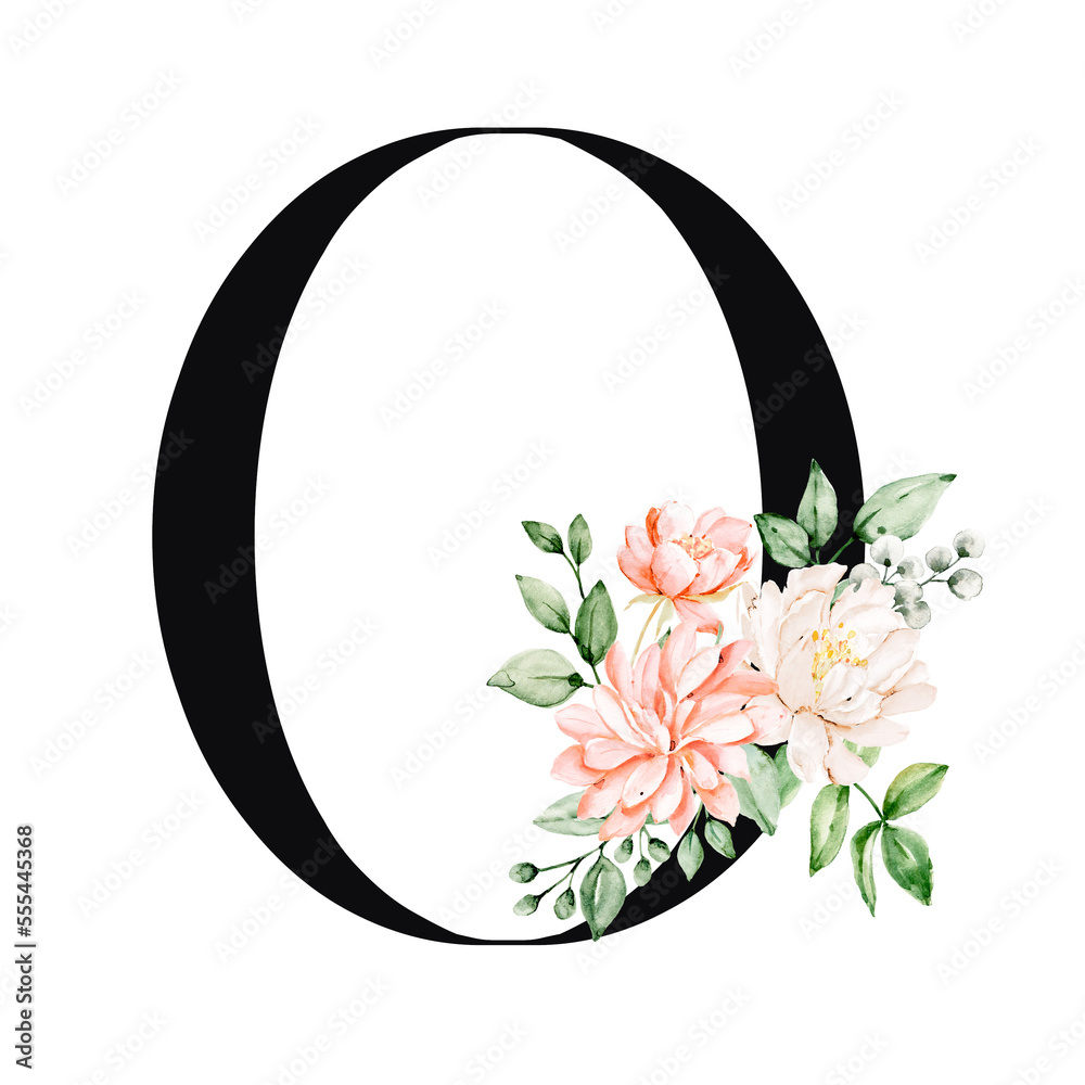 Alphabet, letter O with watercolor flowers and leaf. Monogram initials ...