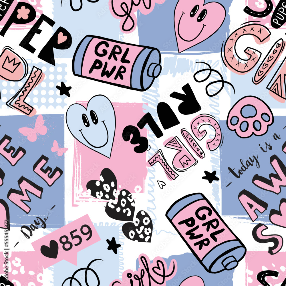 Girls seamless pattern with calligraphic slogan, hearts, words ...
