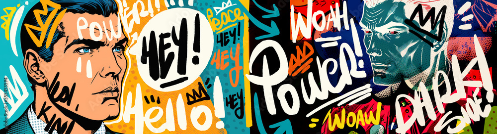 fresco of man with bubble and comic book boarder and street art ...