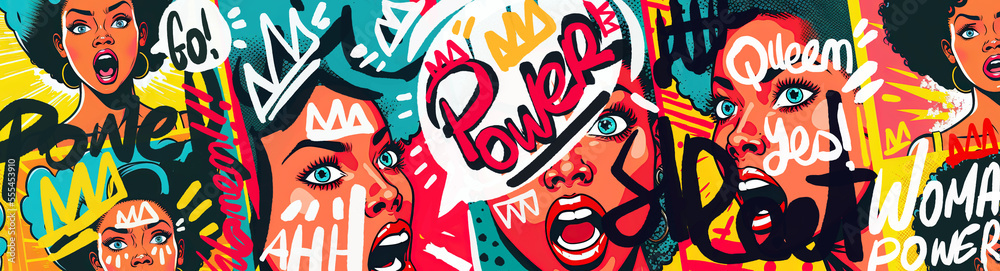 fresco of woman reaction with bubble and comic book boarder and street ...