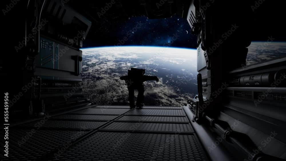 An astronaut runs and almost falls out of a spaceship into outer space ...