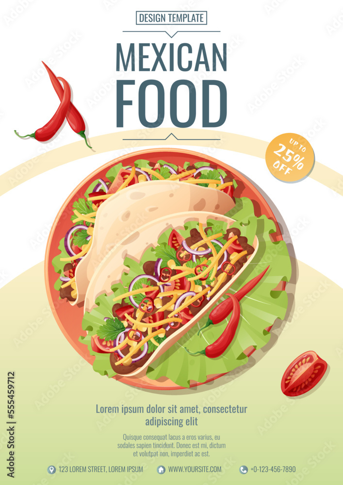 Mexican food flyer template. Tacos with minced meat, vegetables, chili ...