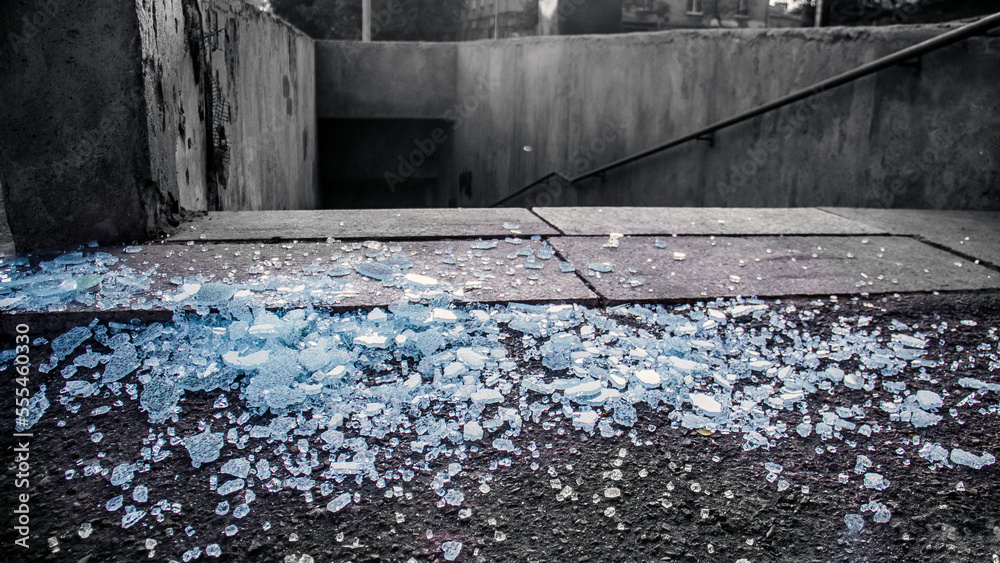 Broken glass in front of the entrance to the underpass Stock Photo ...