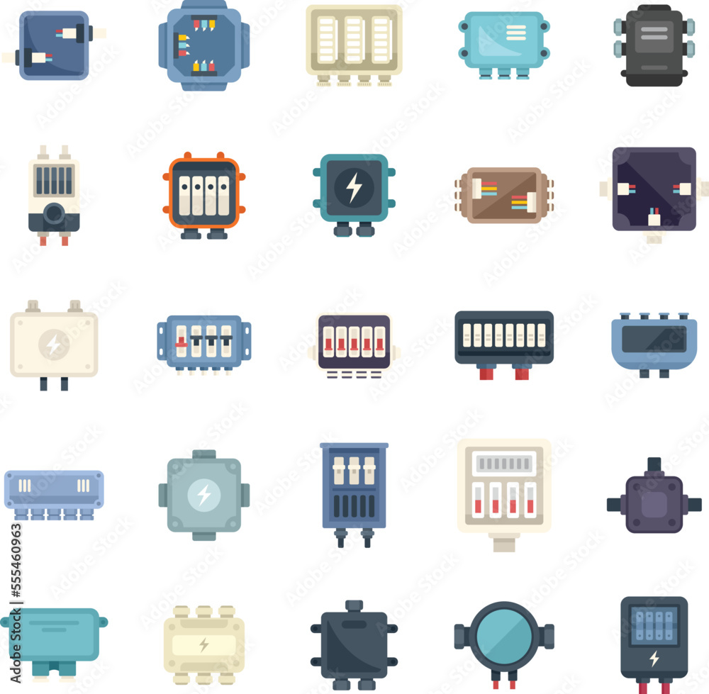 Junction box icons set flat vector. Cable connect. Electric plug ...