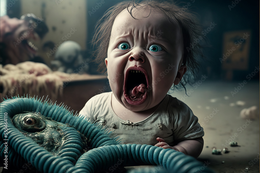 Horror, baby is attacked by an evil worm monster, screaming in fear ...