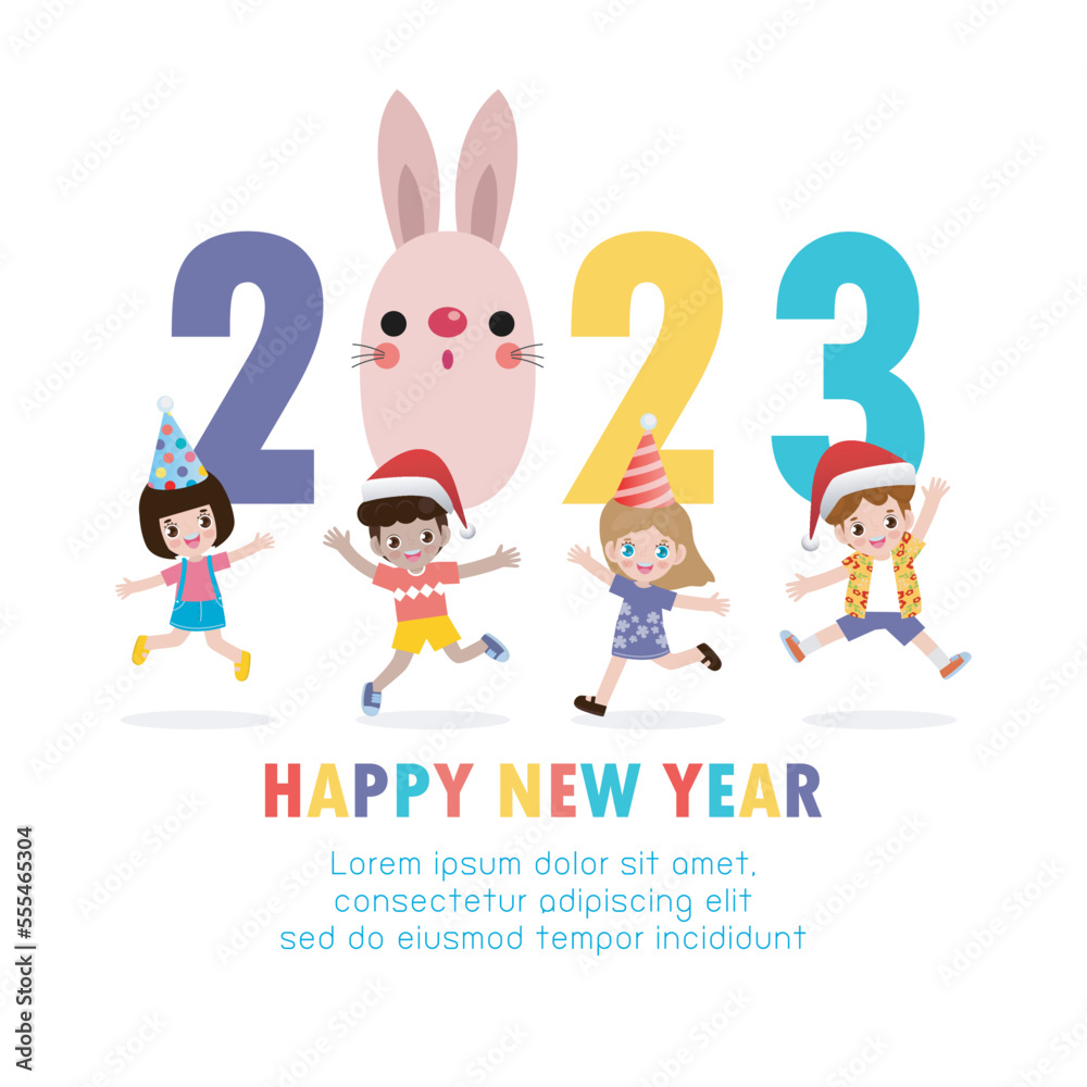 Happy new year 2023 greeting card Colorful Merry Christmas kids ...