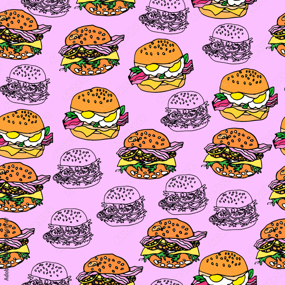vector hand drawn burgers and snacks patterns, cartoon burgers, colored ...