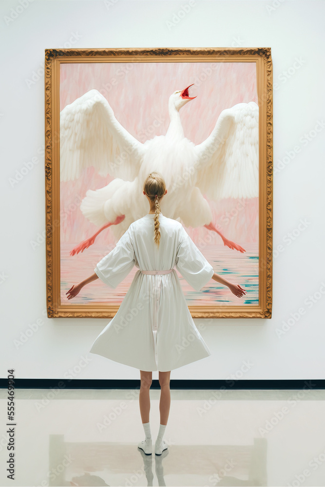 Vintage elegant young woman in museum in front of pompous swan painting ...