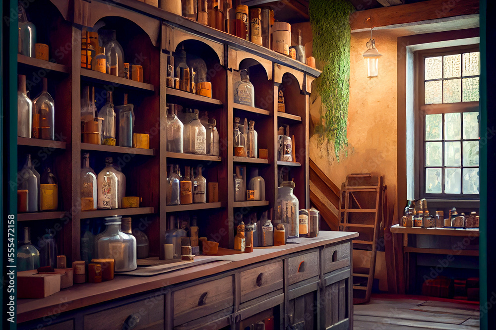 Medieval pharmacy store. Alchemical workplace with many bottles ...
