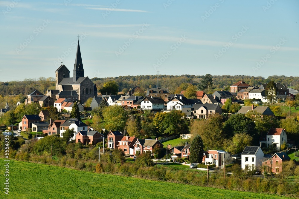 Le village de Lobbes avec son imposante collégiale Saint-Ursmer , la ...