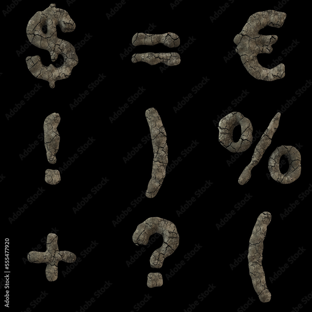 3D Render Set of Cracked Earth Font including Letters, Numbers and ...