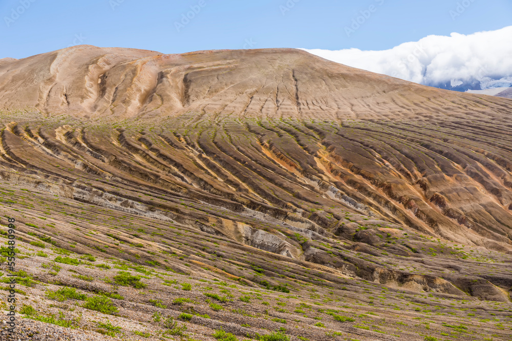Small streams have carved wide channels in the ash and pumice covering ...
