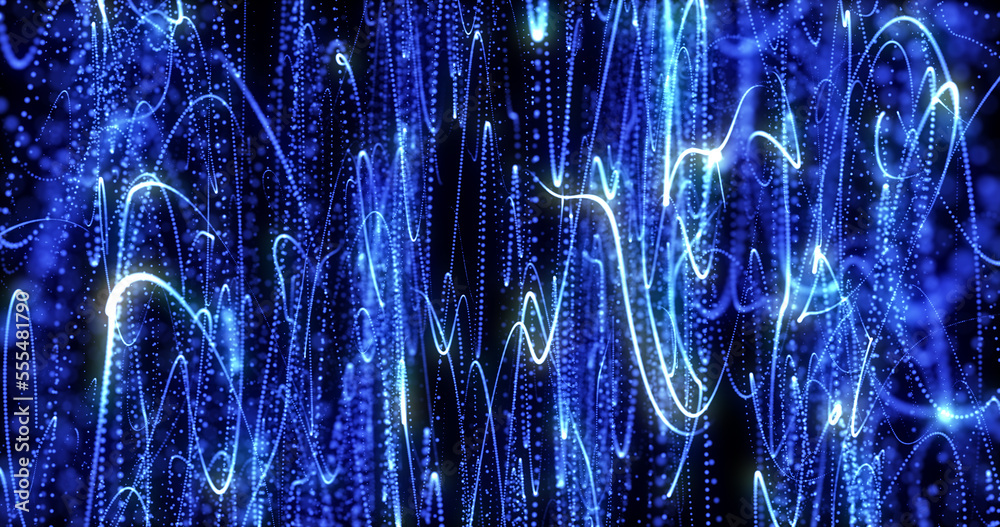Abstract background blue from pixel particles and lines flying in waves ...