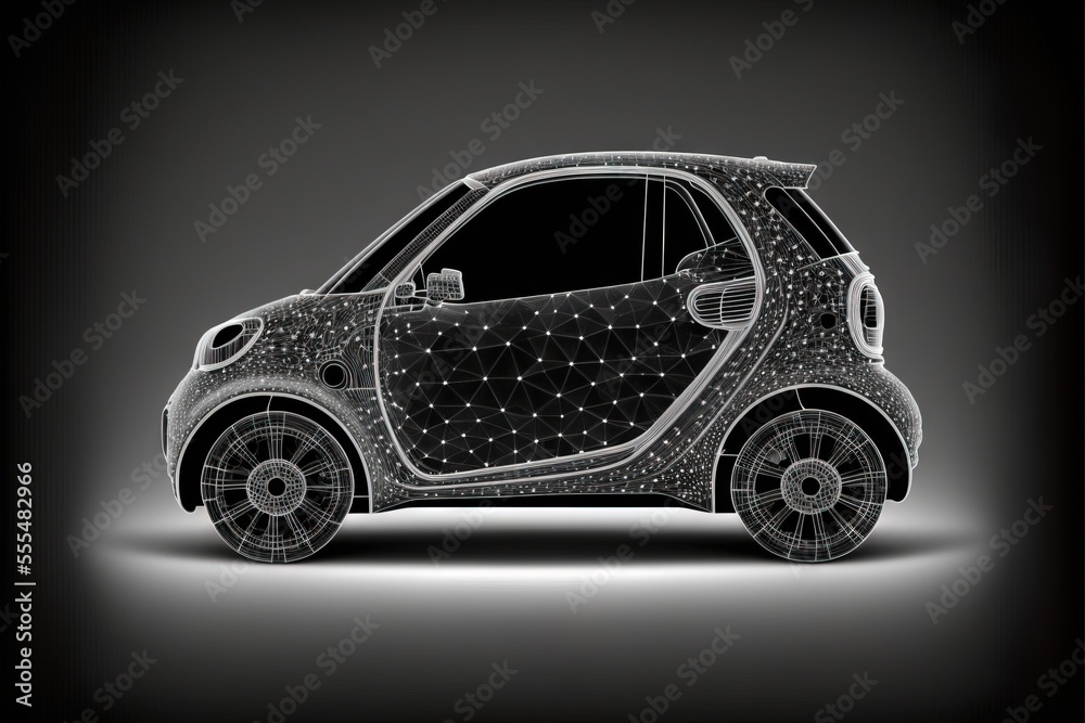 a small car with a lot of dots on it's side and a black background with ...