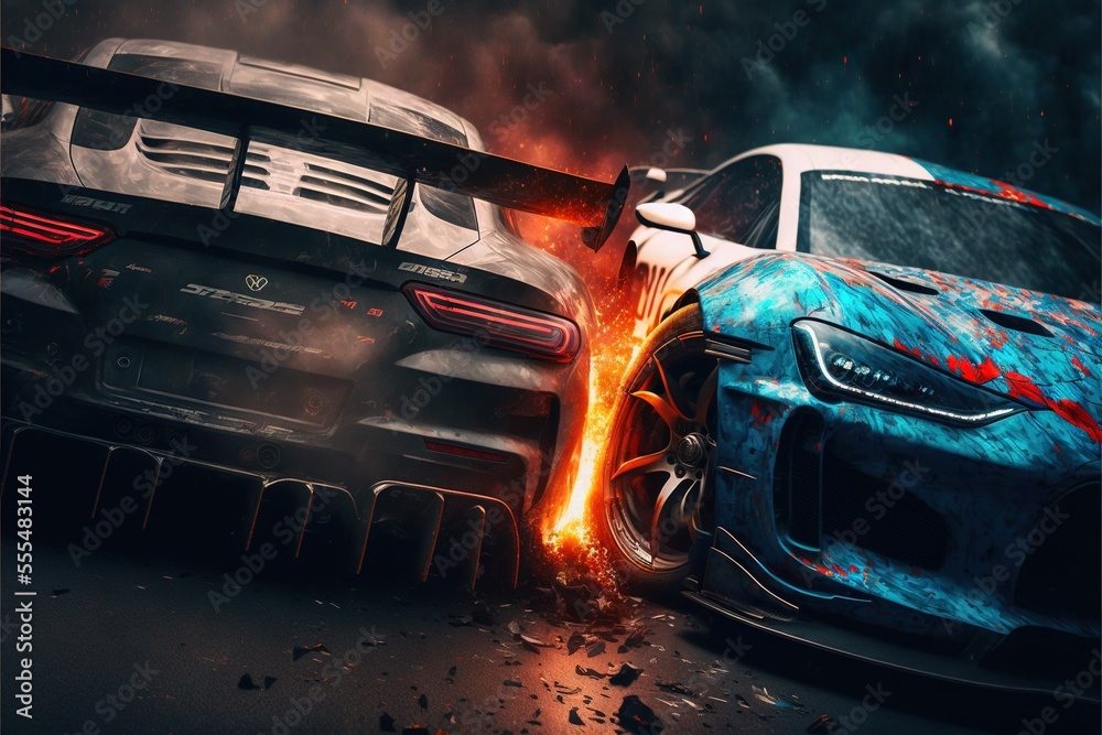 two cars in a race with flames coming out of them and a black ...