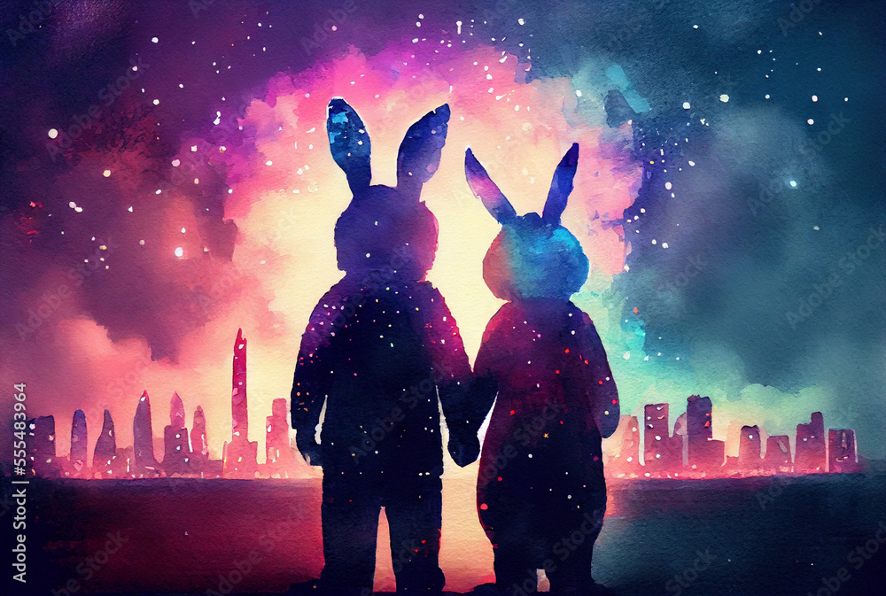 Rabbits couple holding hands and watching fireworks over the city, 2023 ...