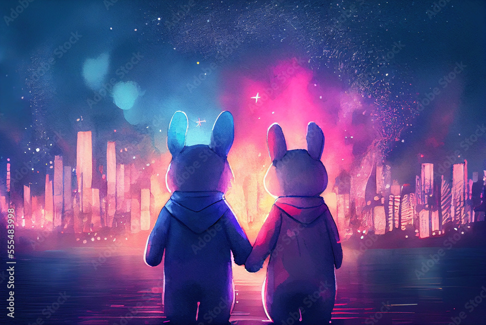 Rabbits couple holding hands and watching fireworks over the city, 2023 ...