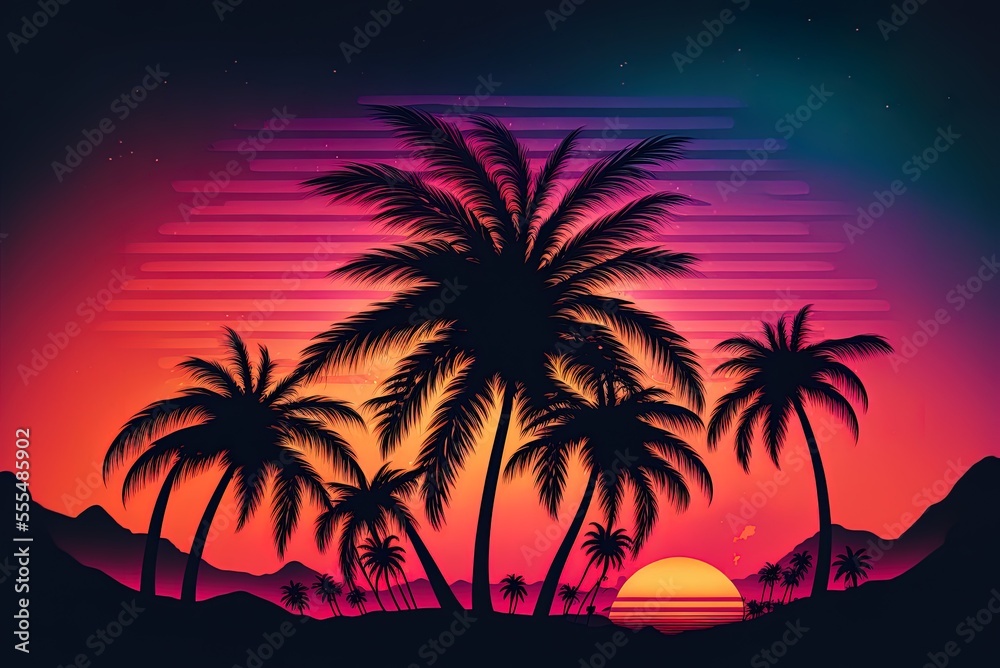 Picture this: palm palms in the dark, set against a neon sunset and ...