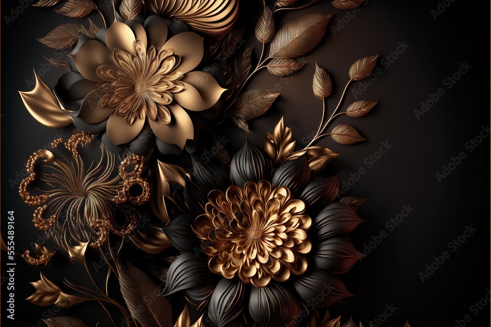 a black and gold floral arrangement with leaves and flowers on a black ...