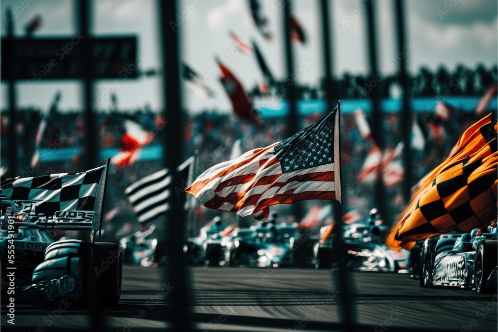 a race car with a flag flying in the air next to other cars in a race ...