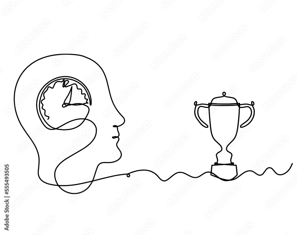 Man silhouette profile with trophy as line drawing on white background ...