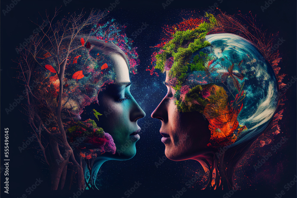 Faces of several women who look like planet. Growths, trees, and nature ...