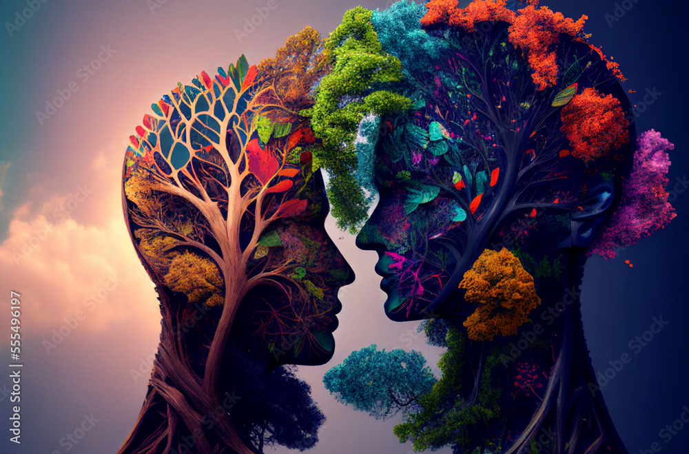 Faces of several women who look like planet. Growths, trees, and nature ...