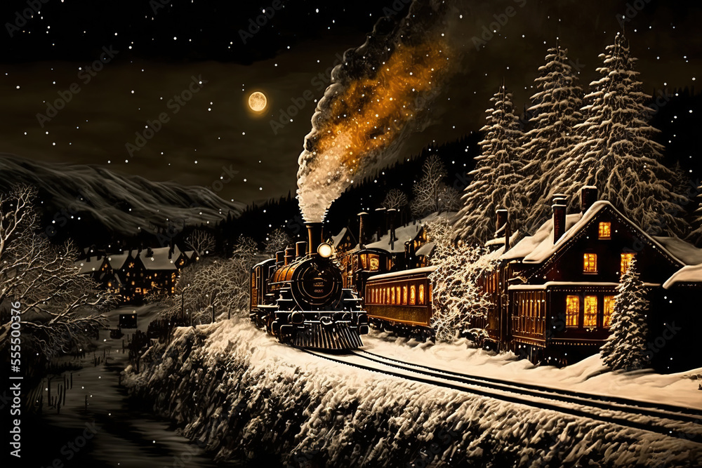 Stunning steam locomotive on a winter night, winter landscape, fantasy ...