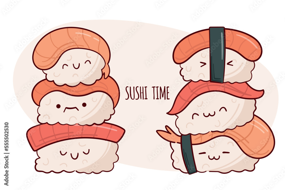 Draw funny kawaii nigiri sushi vector illustration. Japanese asian ...