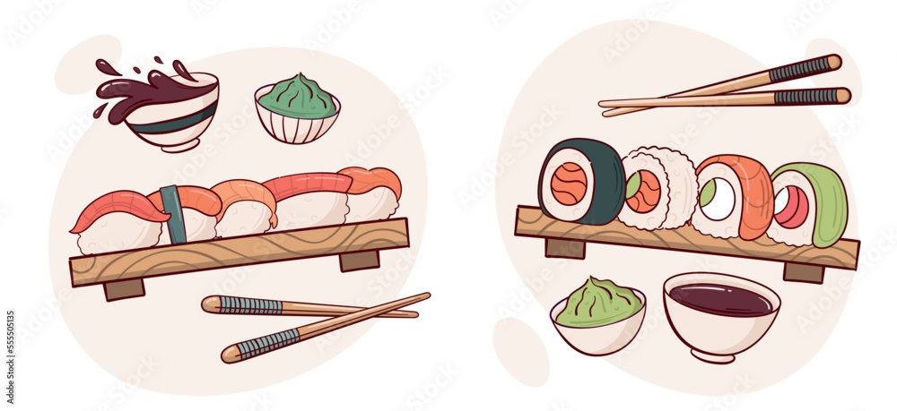 Draw nigiri sushi roll vector illustration. Japanese asian traditional ...