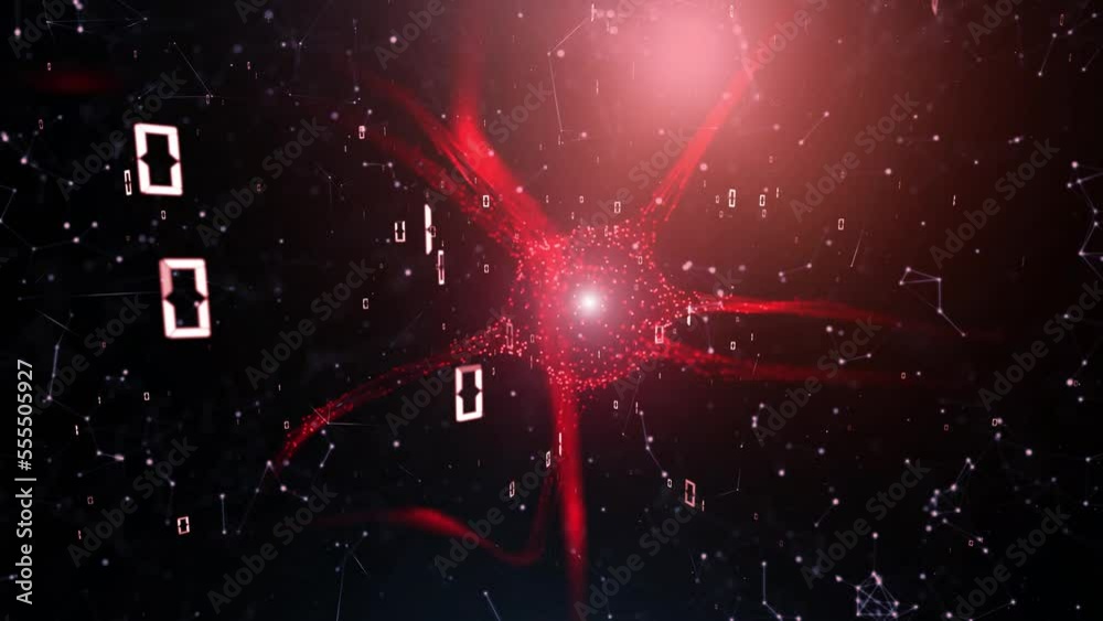 3d animated red colored neuron cell with light motion and digital ...